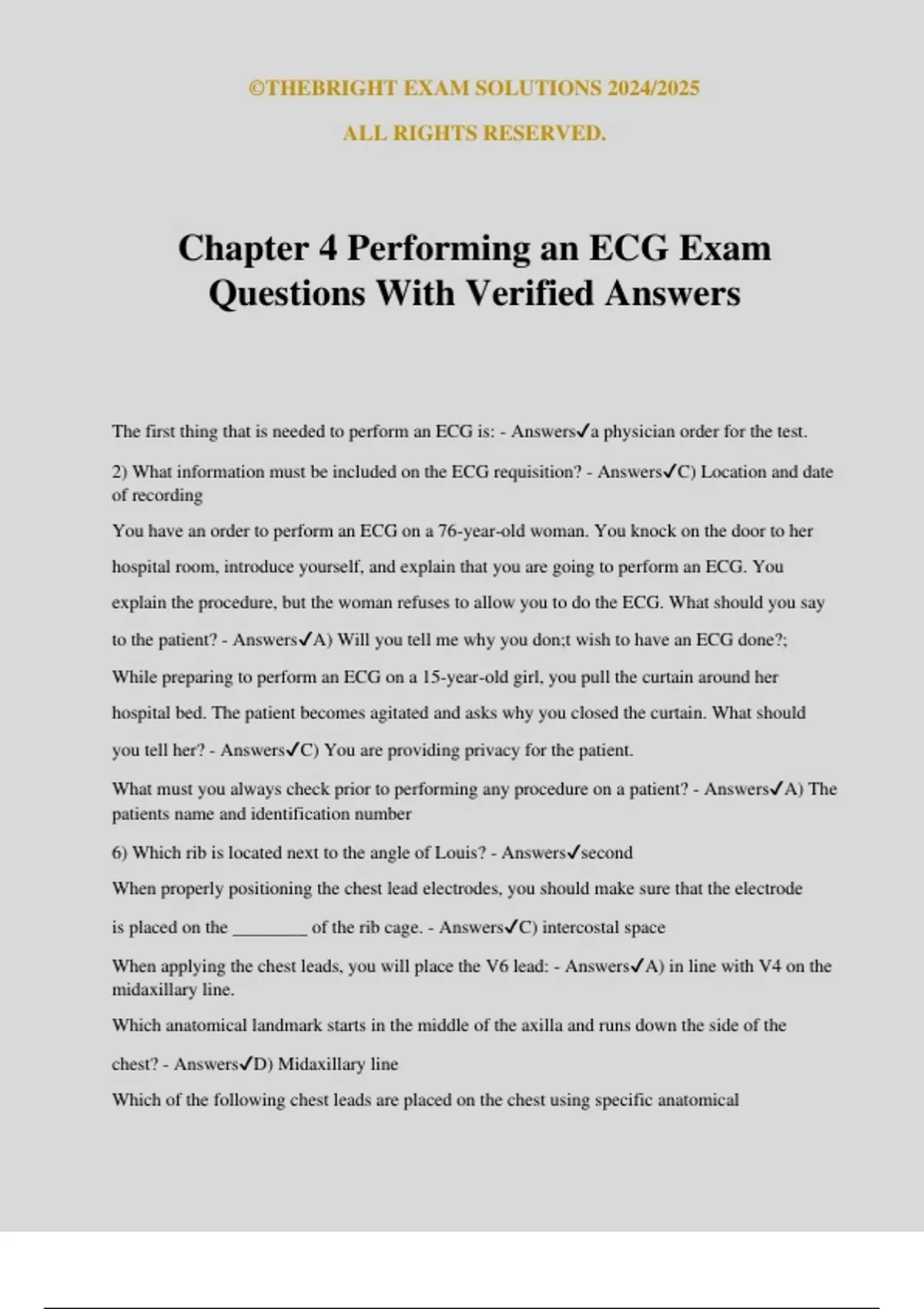 Chapter 4 Performing an ECG Exam Questions With Verified Answers - ECG - Stuvia US
