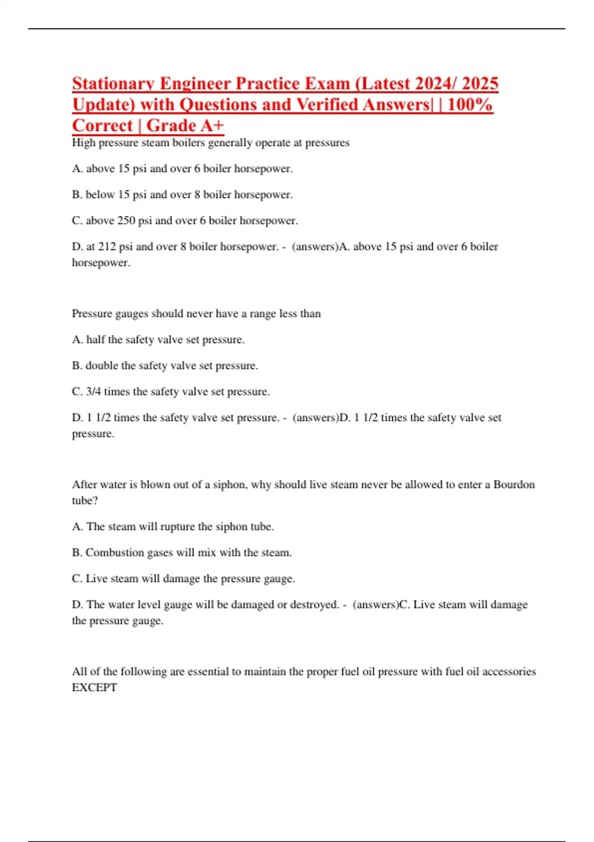 Stationary Engineer Practice Exam (Latest 2024/ 2025 Update) with ...