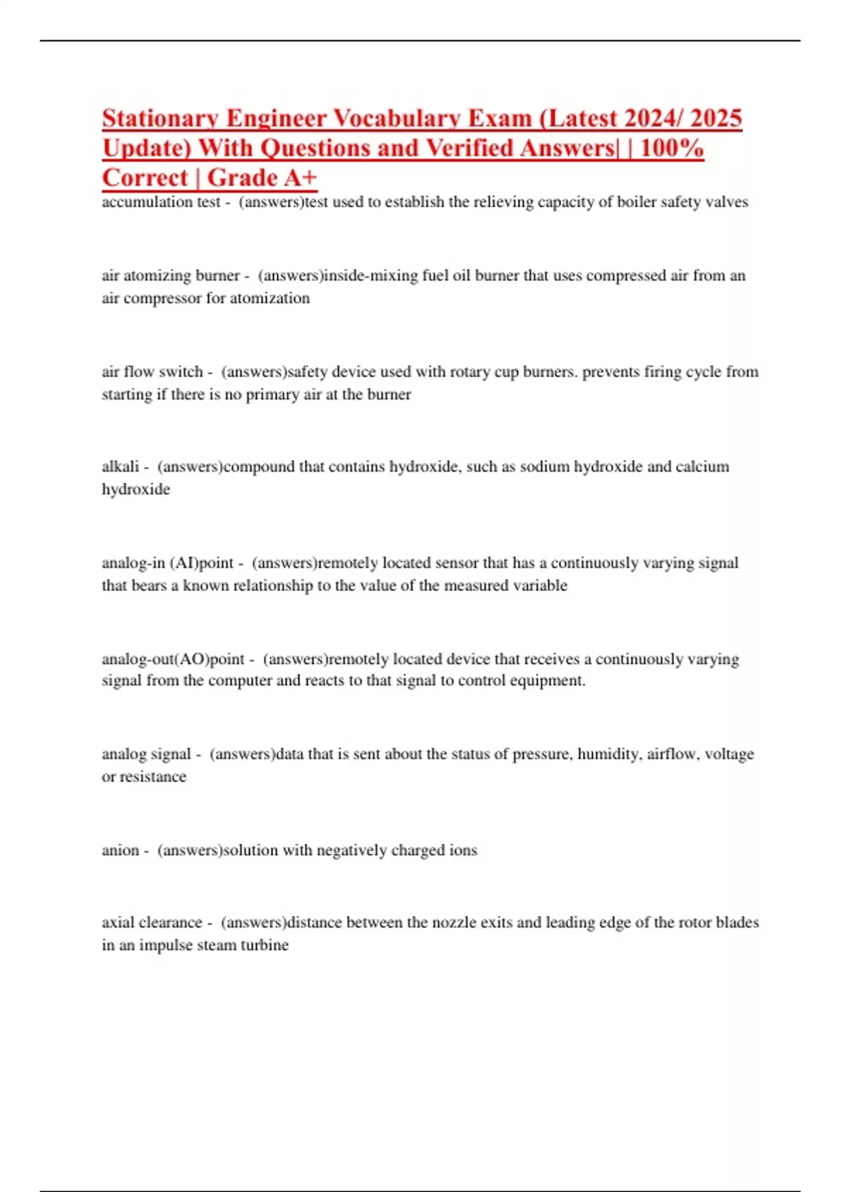 Stationary Engineer Vocabulary Exam (Latest 2024/ 2025 Update) With ...