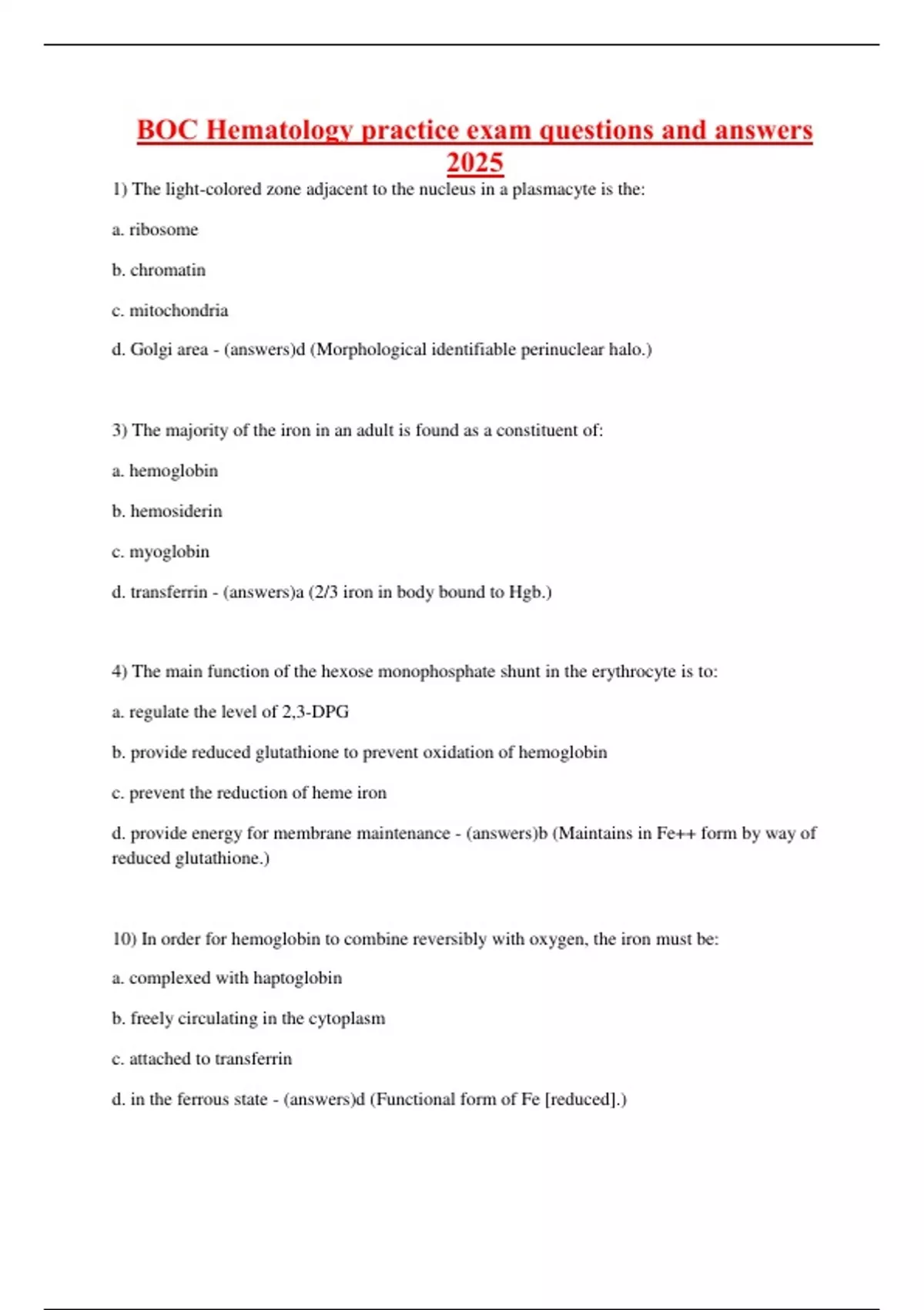 BOC Hematology practice exam questions and answers 2025 - BOC ...