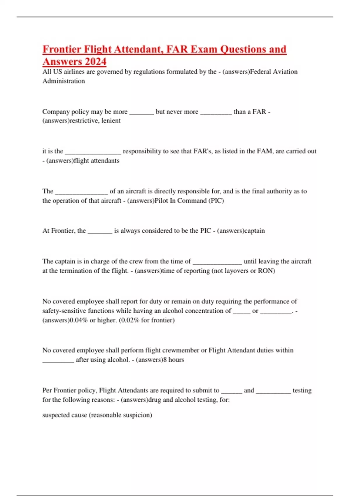 Frontier Flight Attendant, FAR Exam Questions and Answers 2024 ...