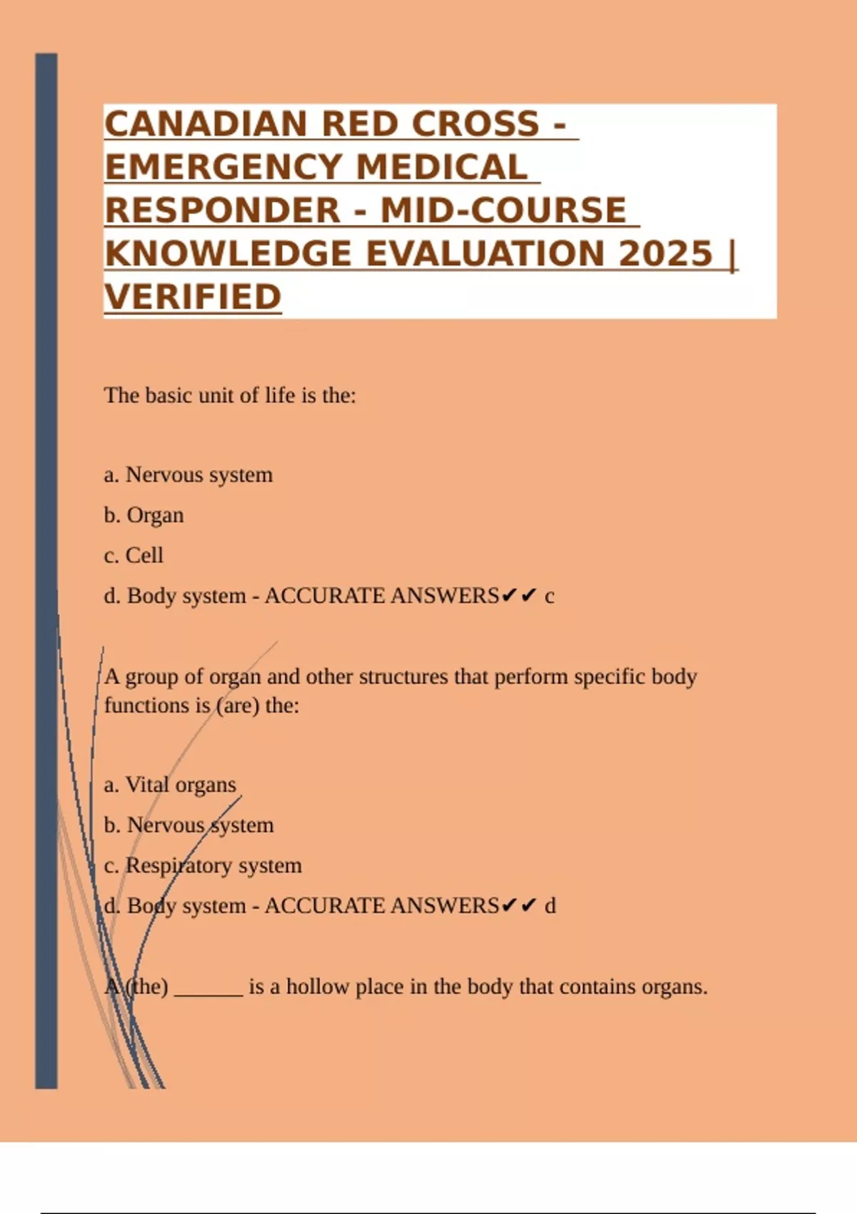 CANADIAN RED CROSS - EMERGENCY MEDICAL RESPONDER - MID-COURSE KNOWLEDGE ...