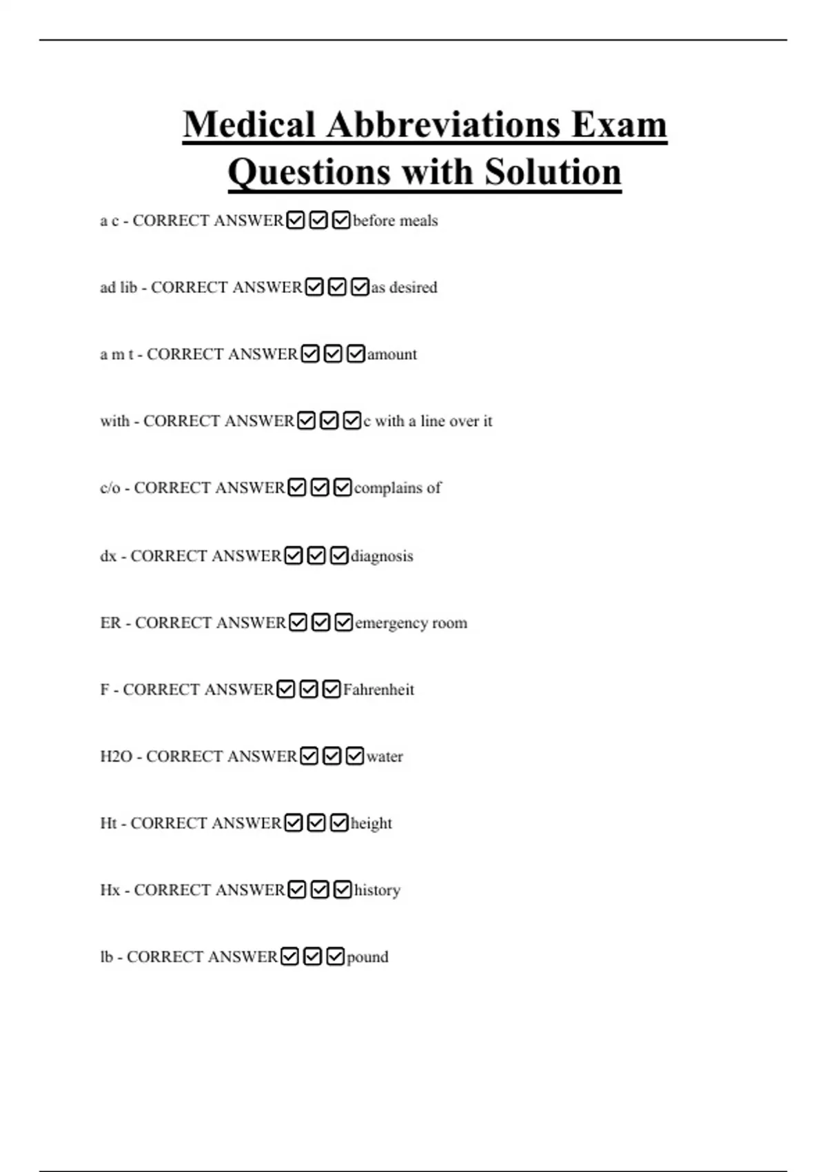 Medical Abbreviations Exam Questions with Solution - Medicine - Stuvia US