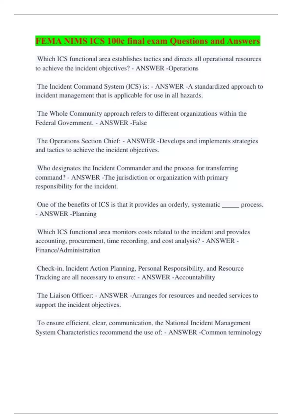 FEMA NIMS ICS 100c final exam Questions and Answers - FEMA NIMS ICS ...