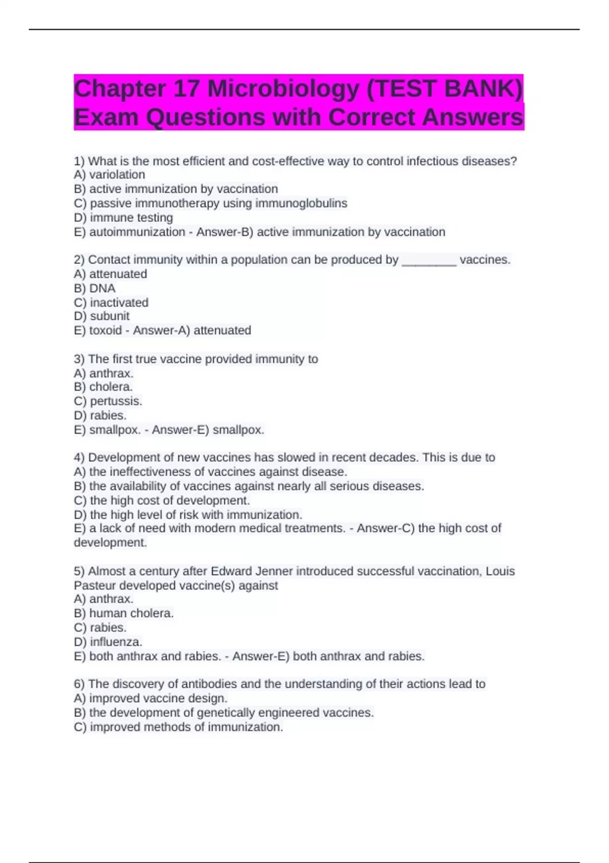 Chapter 17 Microbiology (TEST BANK) Exam Questions with Correct Answers ...