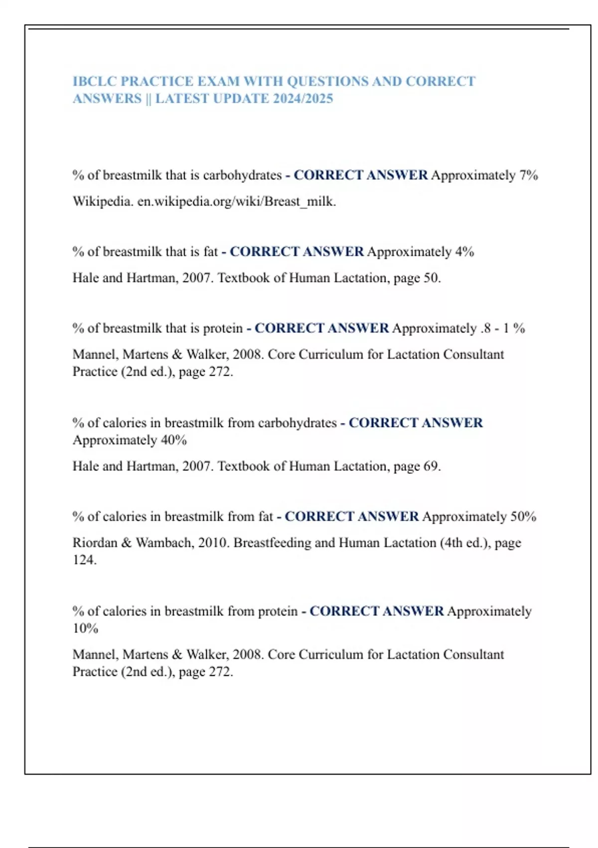 IBCLC PRACTICE EXAM WITH QUESTIONS AND CORRECT ANSWERS || LATEST UPDATE ...