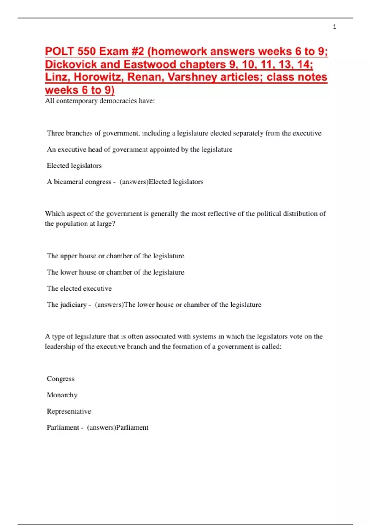 POLT 550 Exam #2 (homework answers weeks 6 to 9; Dickovick and Eastwood ...