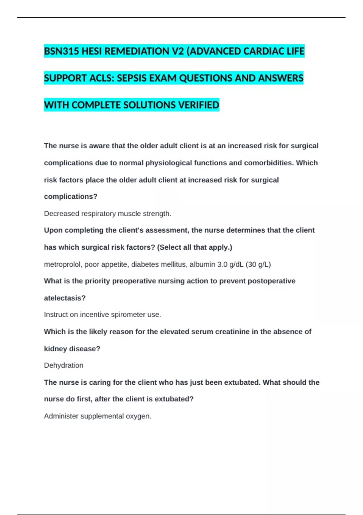 BSN315 HESI REMEDIATION V2 (ADVANCED CARDIAC LIFE SUPPORT ACLS: SEPSIS ...