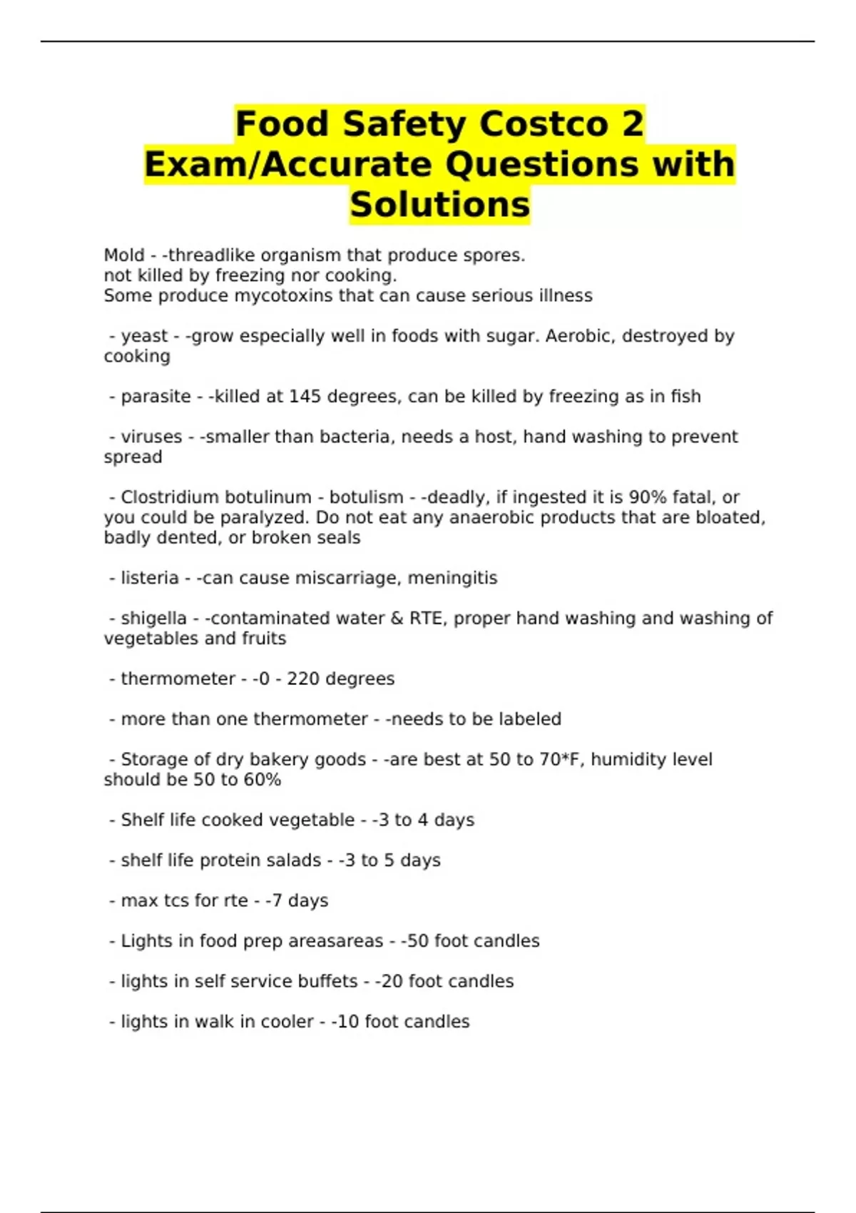 Food Safety Costco 2 Exam/Accurate Questions with Solutions - Food ...