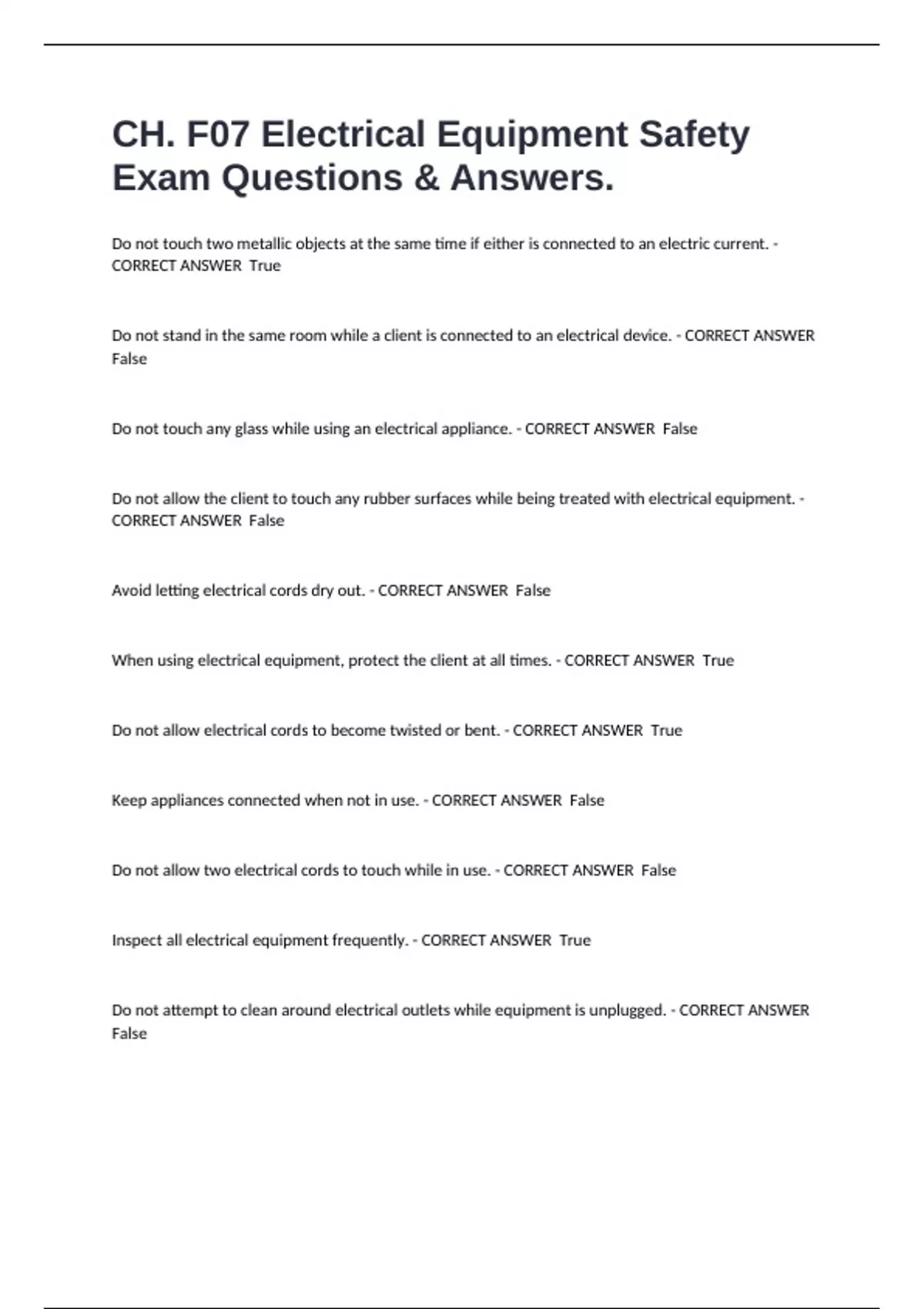 CH. F07 Electrical Equipment Safety Exam Questions & Answers. - SACA ...