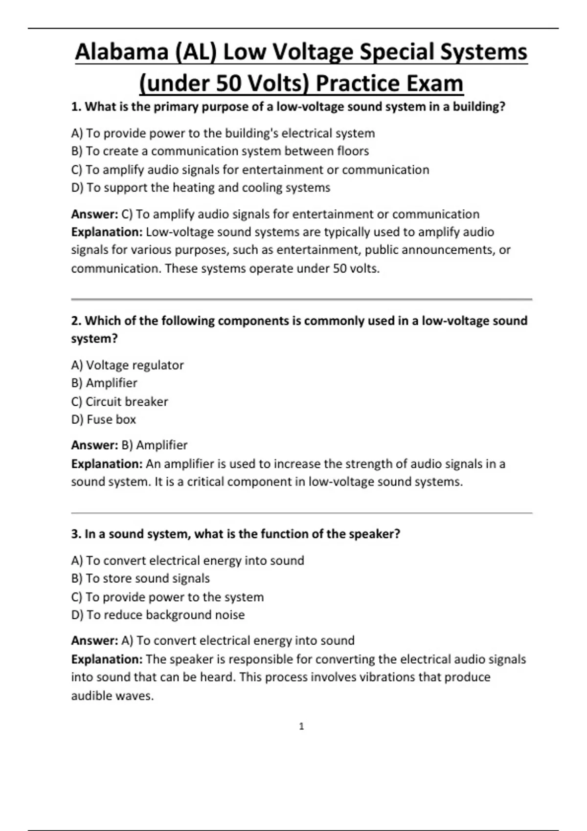 Alabama (AL) Low Voltage Special Systems (under 50 Volts) Practice Exam ...