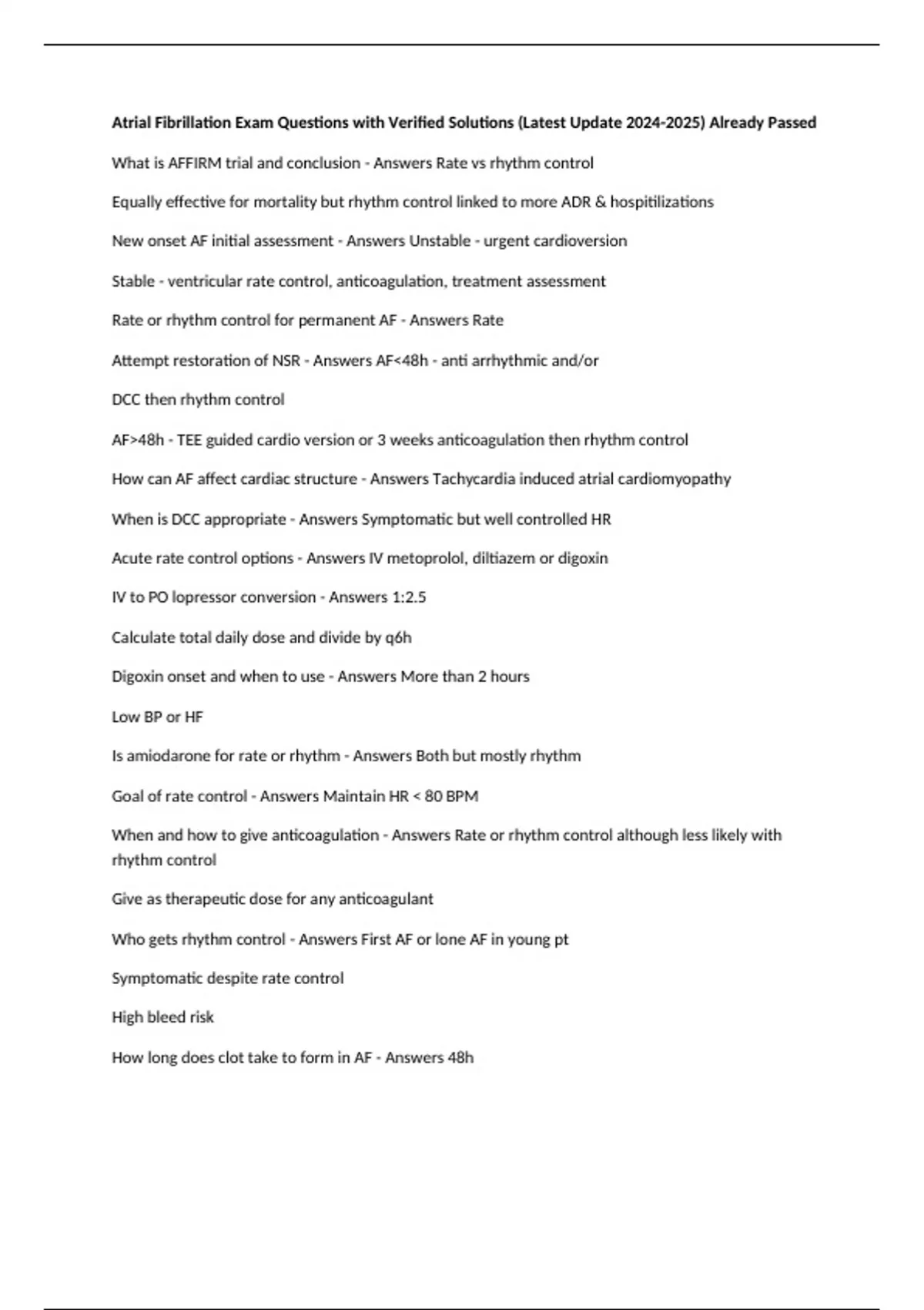 Atrial Fibrillation Exam Questions with Verified Solutions (Latest ...