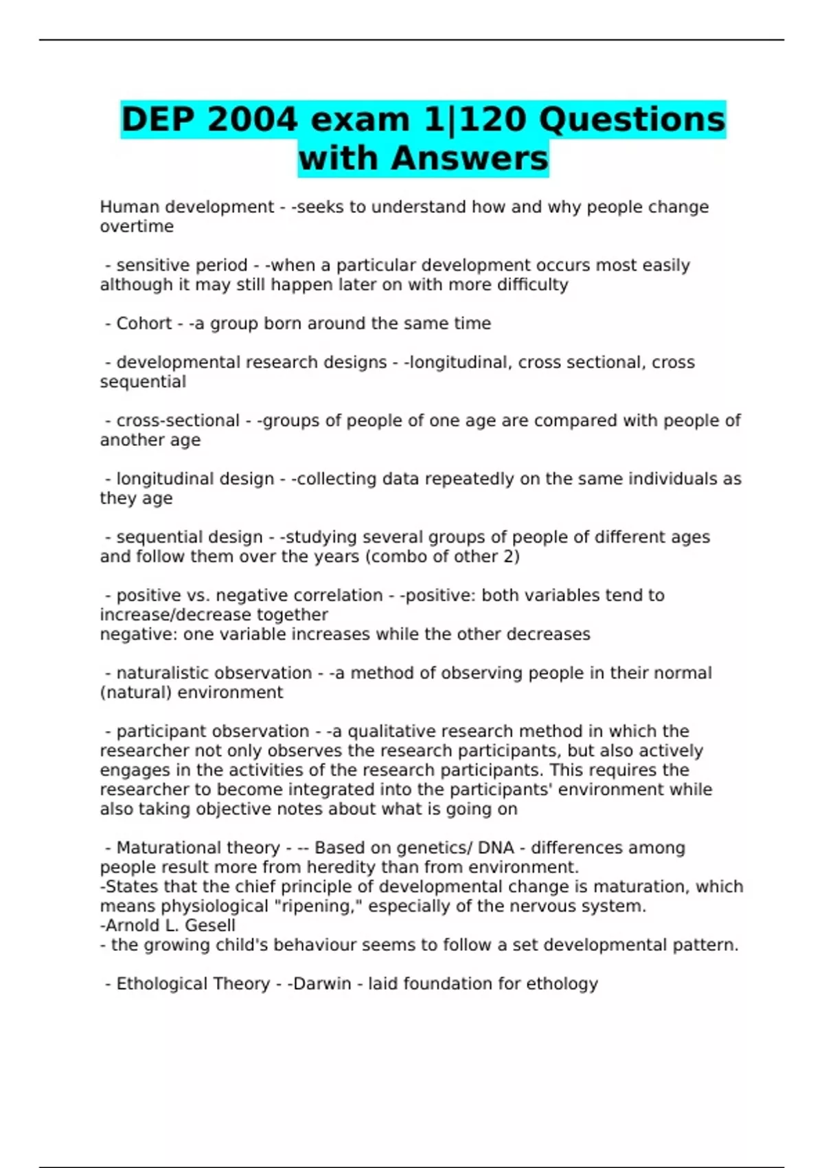 DEP 2004 exam 1|120 Questions with Answers - DEP 2004 - Stuvia US