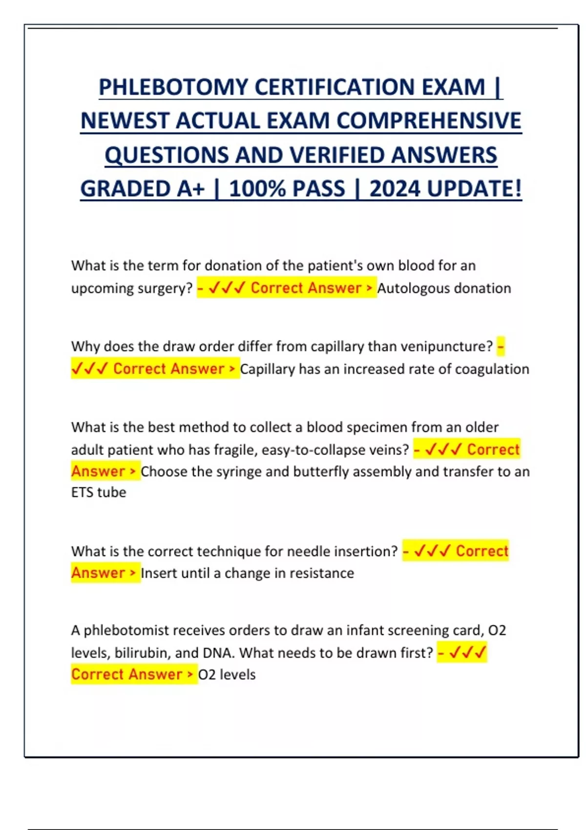 PHLEBOTOMY CERTIFICATION EXAM | NEWEST ACTUAL EXAM COMPREHENSIVE ...