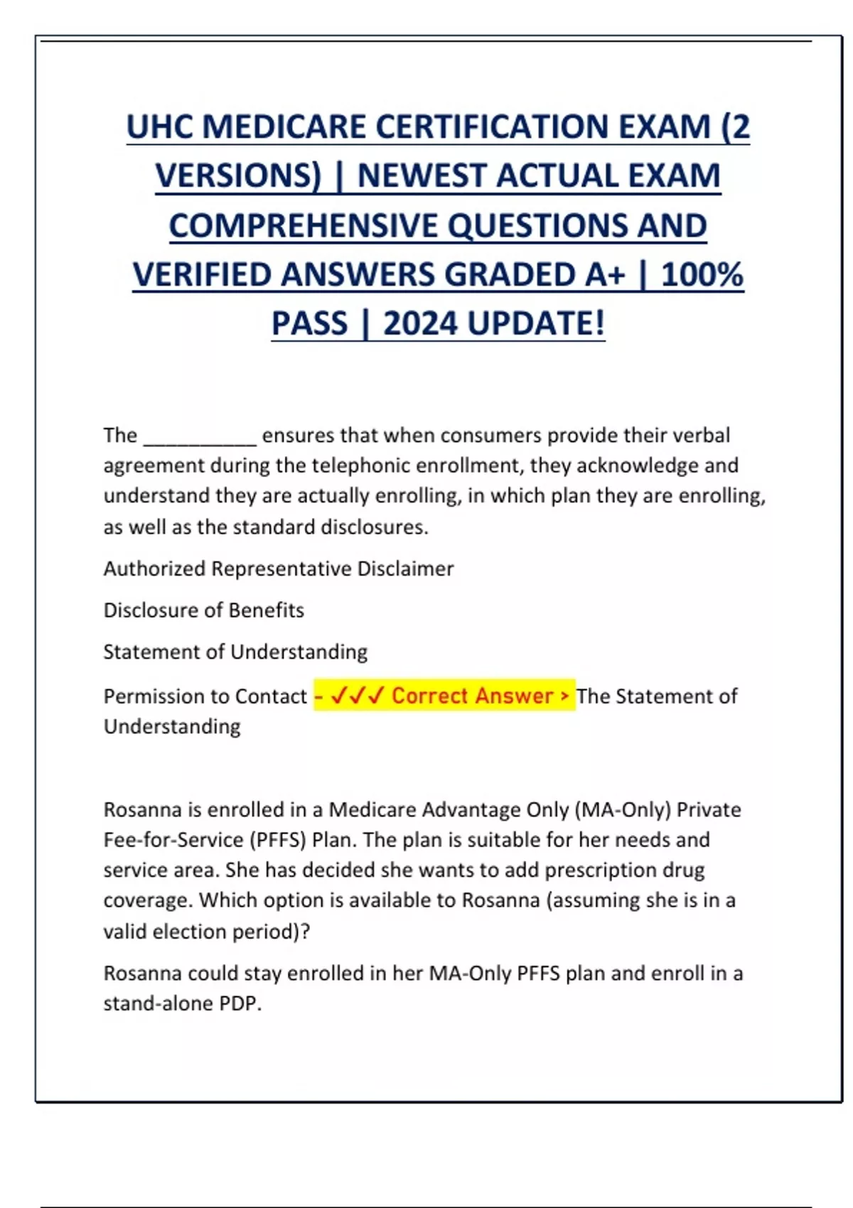 UHC MEDICARE CERTIFICATION EXAM (2 VERSIONS) | NEWEST ACTUAL EXAM ...