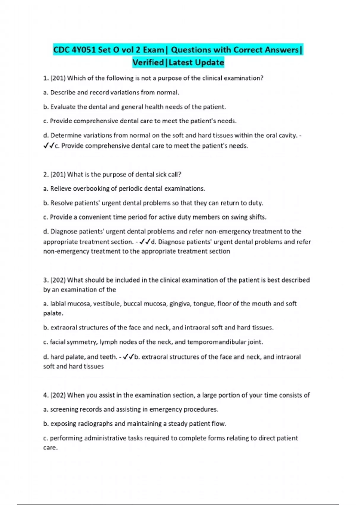 CDC 4Y051 Set O vol 2 Exam| Questions with Correct Answers| Verified ...