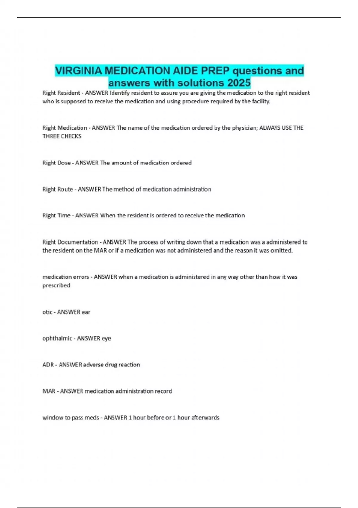 VIRGINIA MEDICATION AIDE PREP questions and answers with solutions 2025 ...