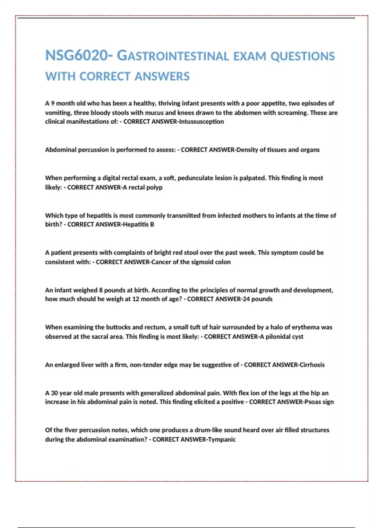 NSG6020- GASTROINTESTINAL EXAM QUESTIONS WITH CORRECT ANSWERS - NSG6020 ...