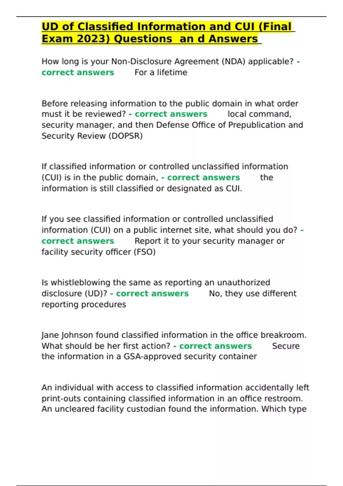 UD of Classified Information and CUI (Final Exam 2023) Questions an d ...