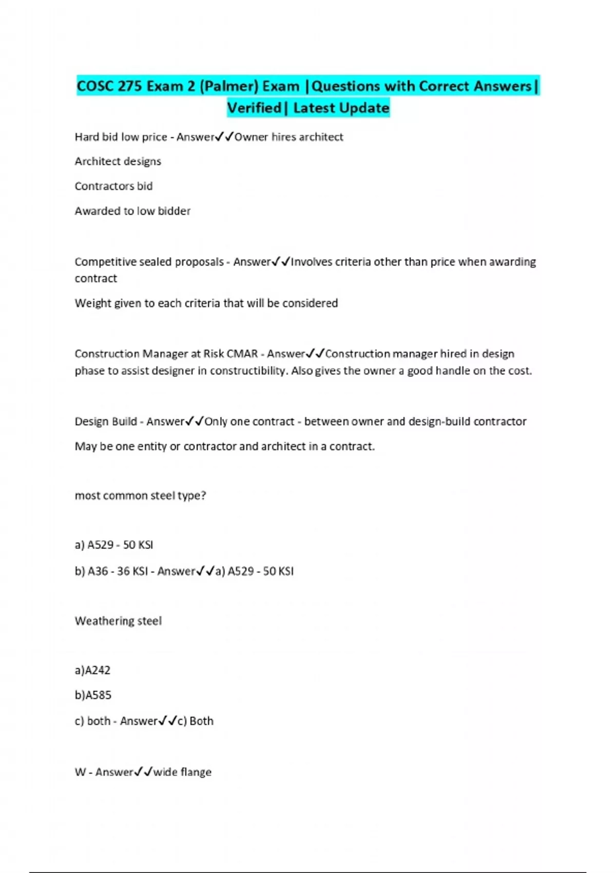 COSC 275 Exam 2 (Palmer) Exam |Questions with Correct Answers| Verified ...