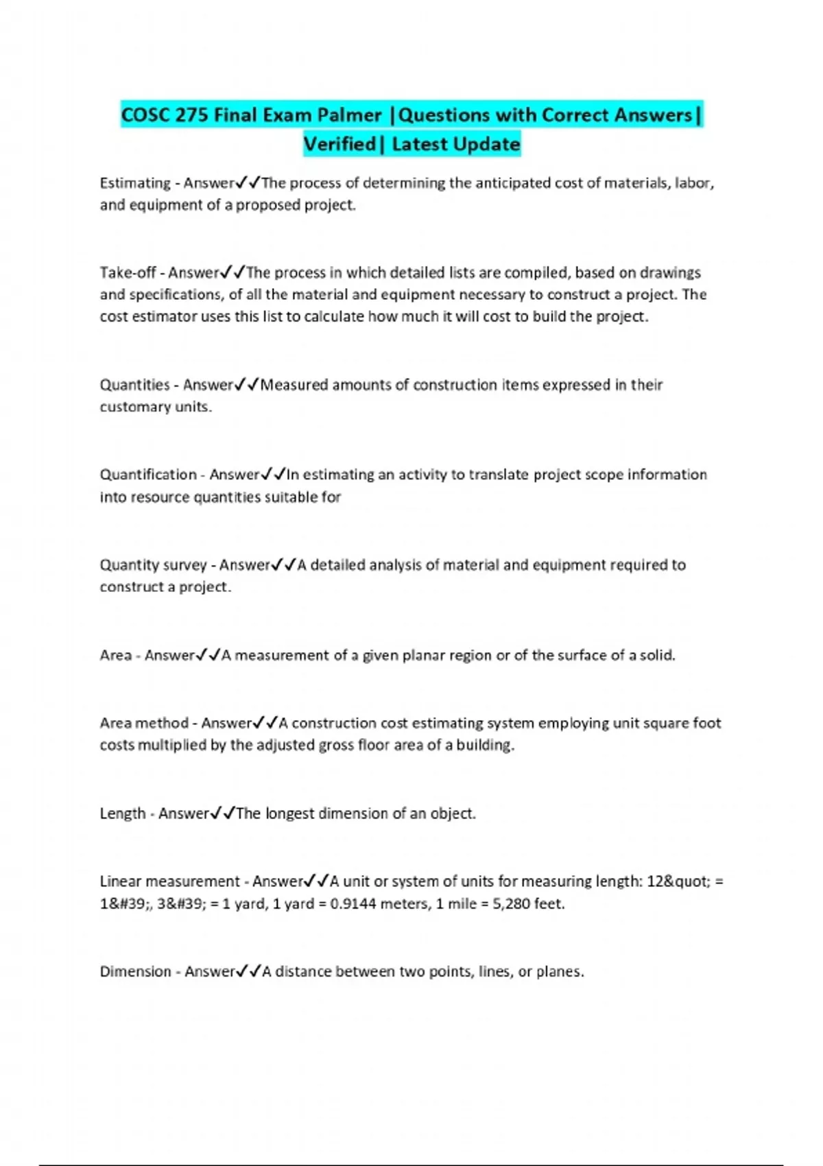 COSC 275 Final Exam Palmer |Questions with Correct Answers| Verified ...