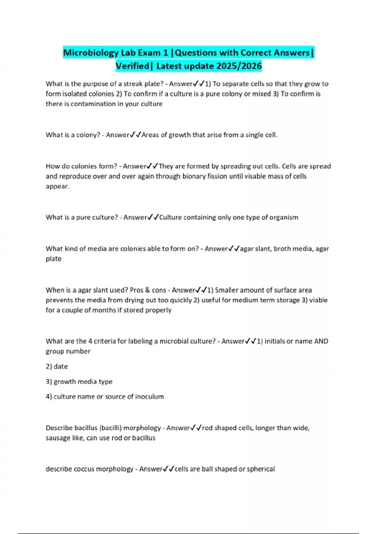 Microbiology Lab Exam 1 |Questions with Correct Answers| Verified ...