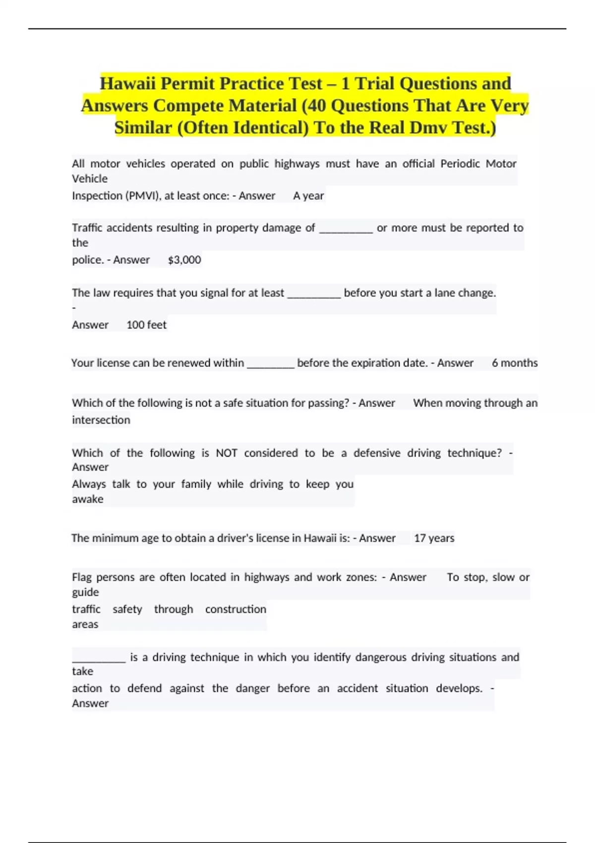 Hawaii Permit Practice Test – 1 Trial Questions and Answers Compete ...