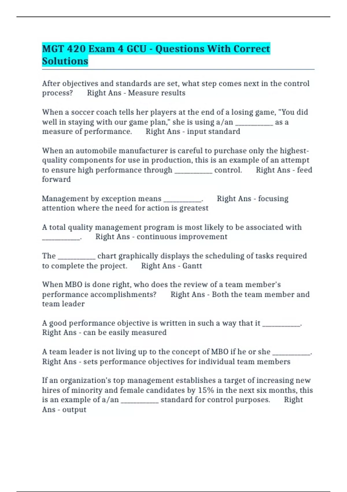 MGT 420 Exam 4 GCU - Questions With Correct Solutions - MGT420 - Stuvia US