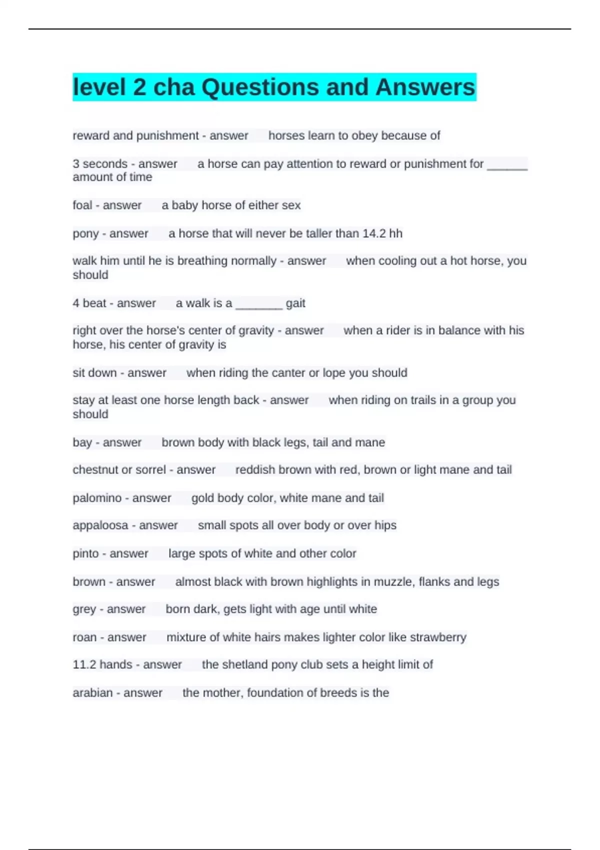 level 2 cha Questions and Answers - CHA - Stuvia US