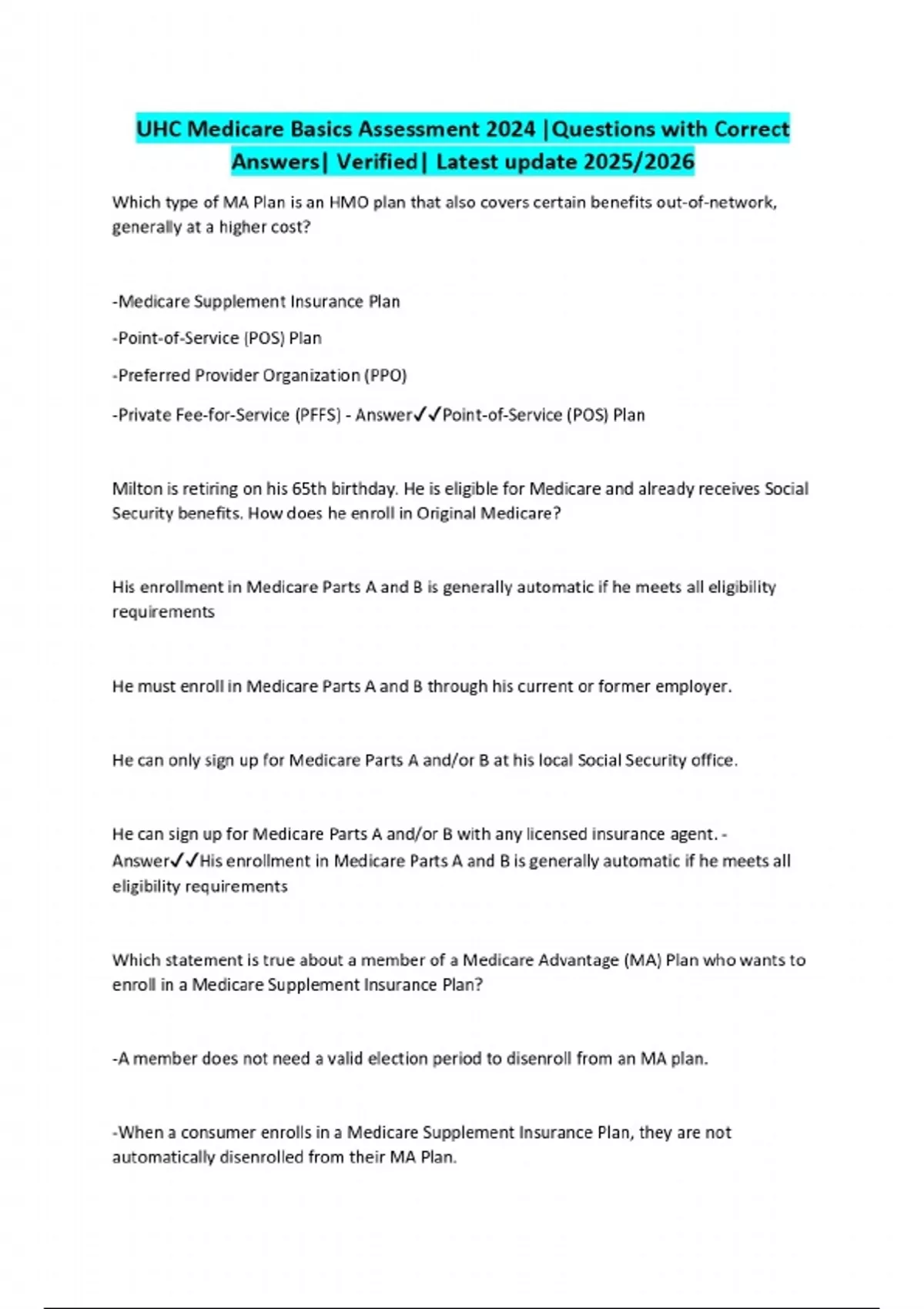 UHC Medicare Basics Assessment 2024 |Questions with Correct Answers ...