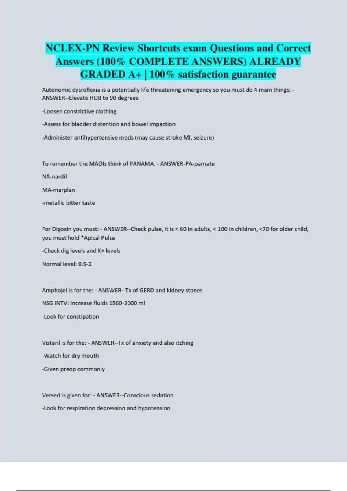 NCLEX-PN Review Shortcuts exam Questions and Correct Answers (100% ...