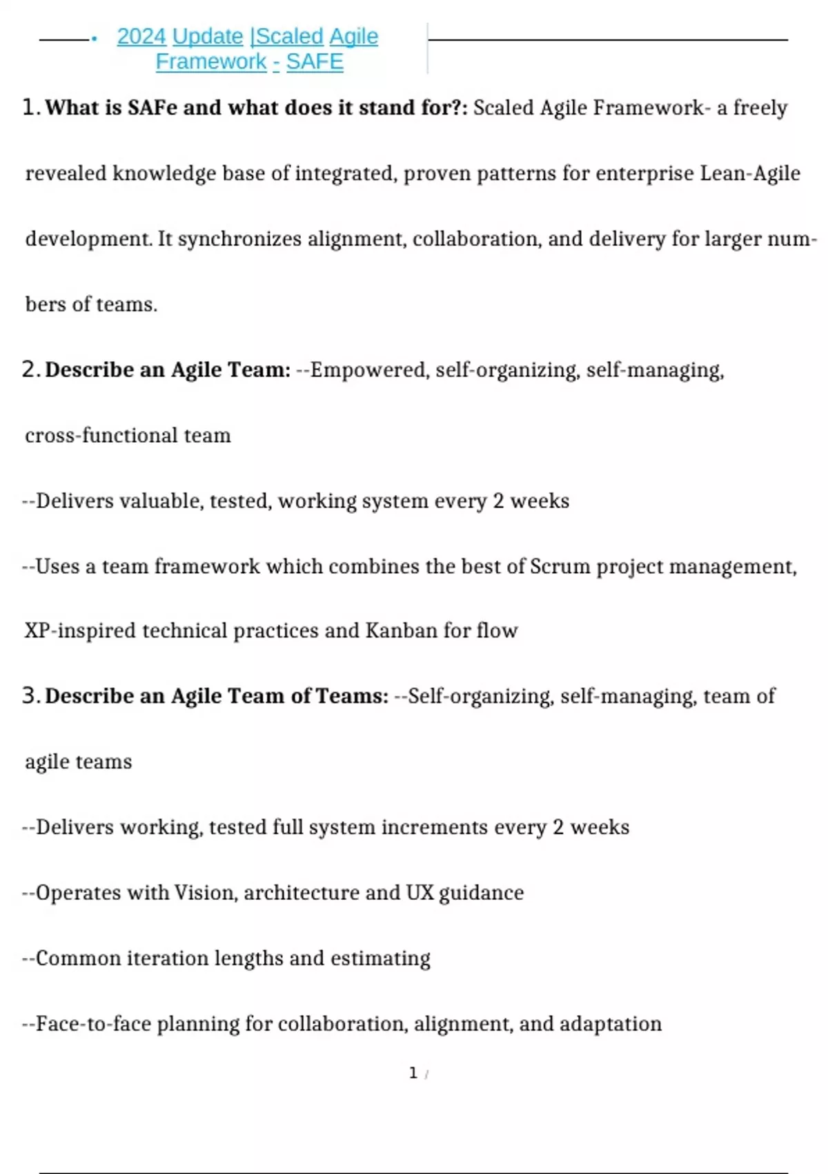 2024 Update Scaled Agile Framework Safe Latest Comprehensive Questions And Verified Answers