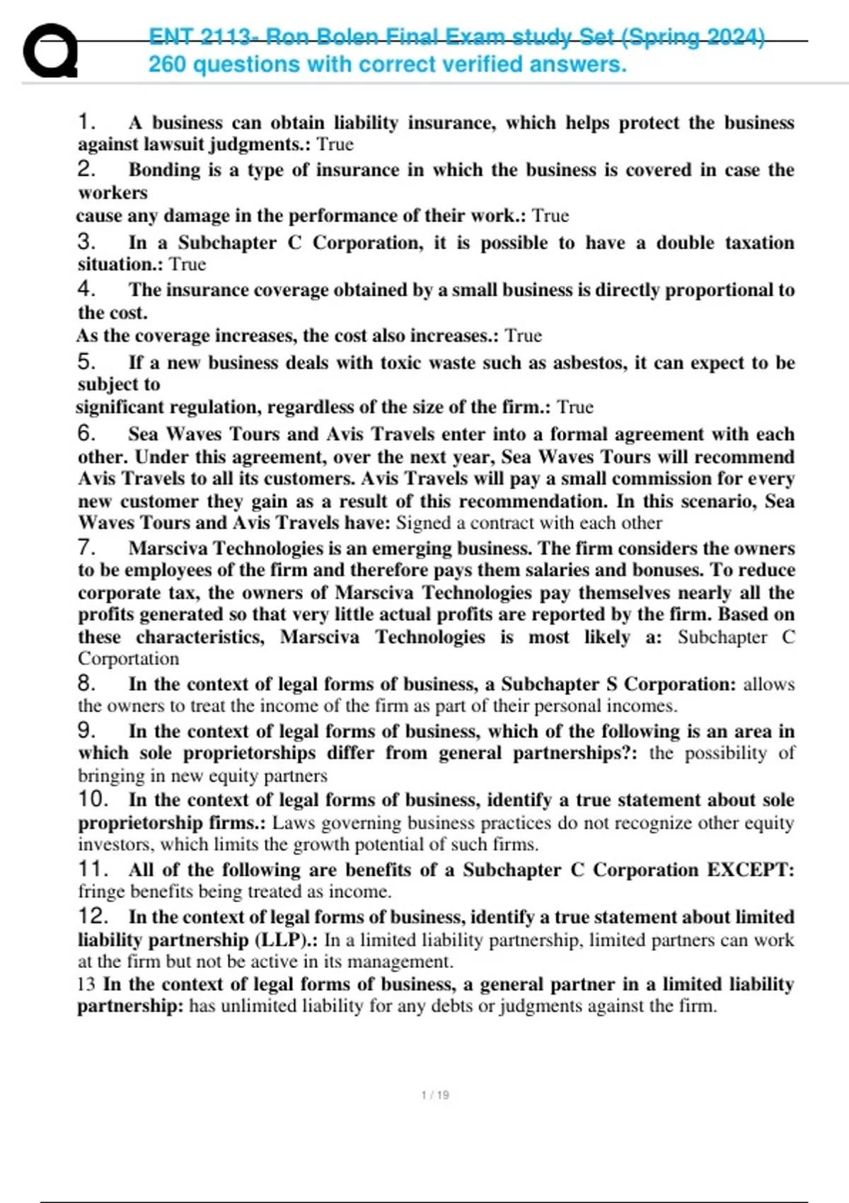 ENT 2113- Ron Bolen Final Exam study Set (Spring 2024) 260 questions with correct verified ...