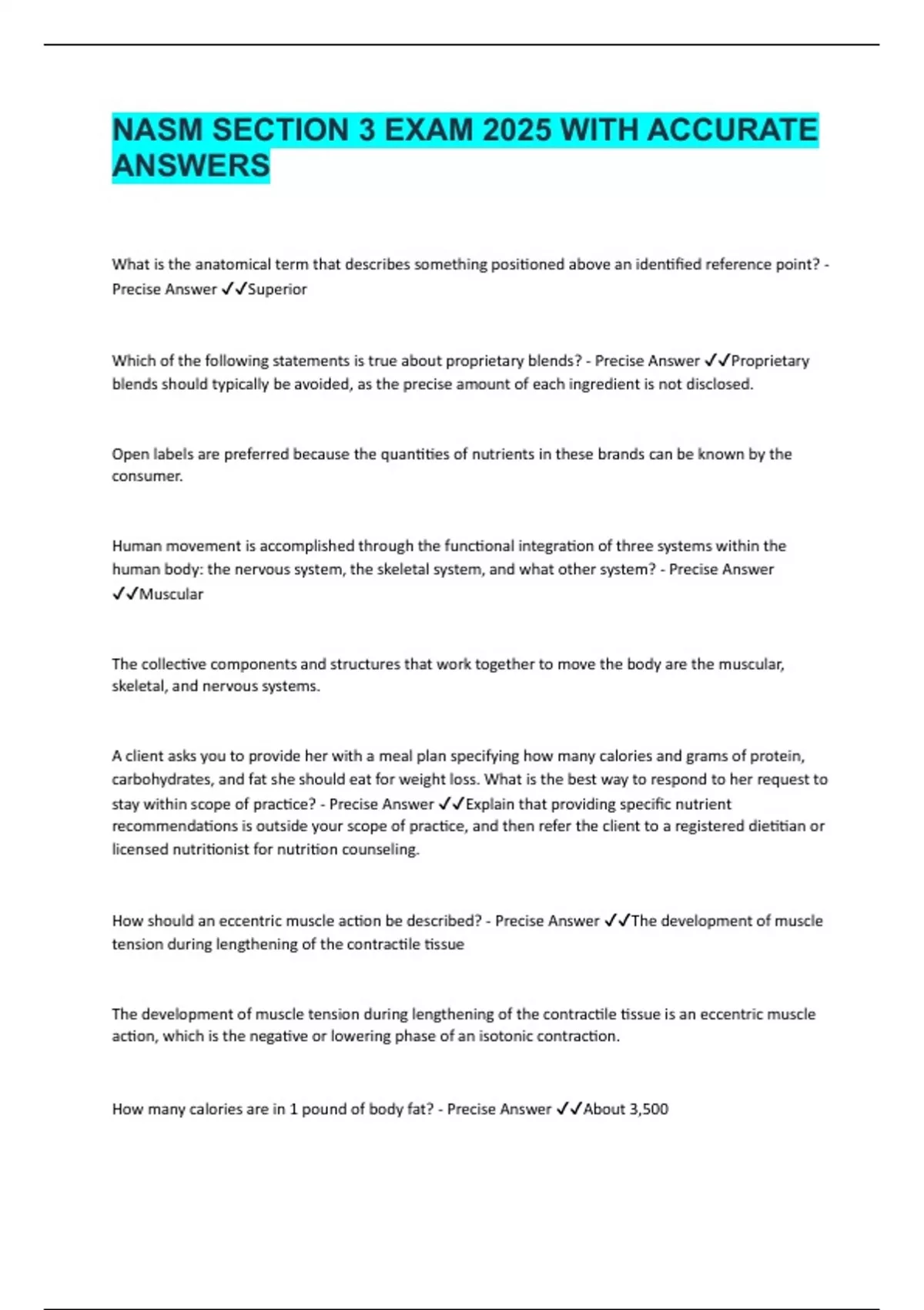 NASM SECTION 3 EXAM 2025 WITH ACCURATE ANSWERS - NASM SECTION 3 - Stuvia US