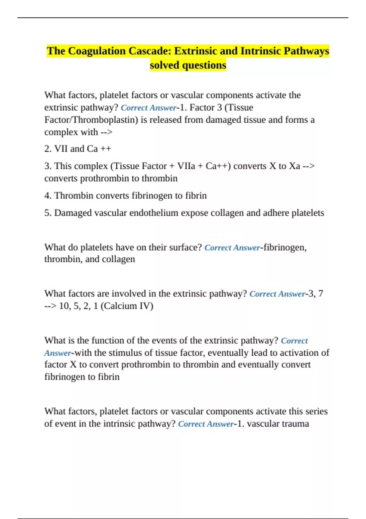 The Coagulation Cascade: Extrinsic and Intrinsic Pathways solved ...