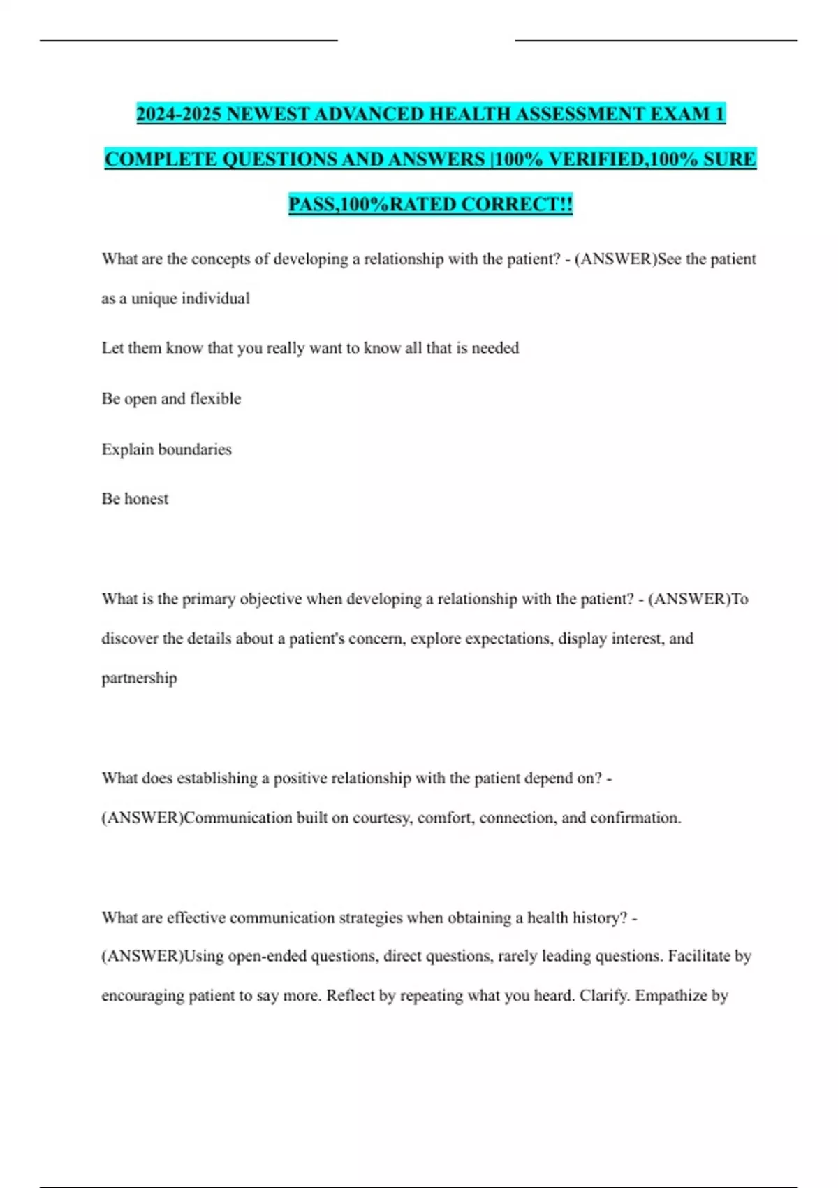 NEWEST ADVANCED HEALTH ASSESSMENT EXAM 1 COMPLETE QUESTIONS AND ANSWERS ...