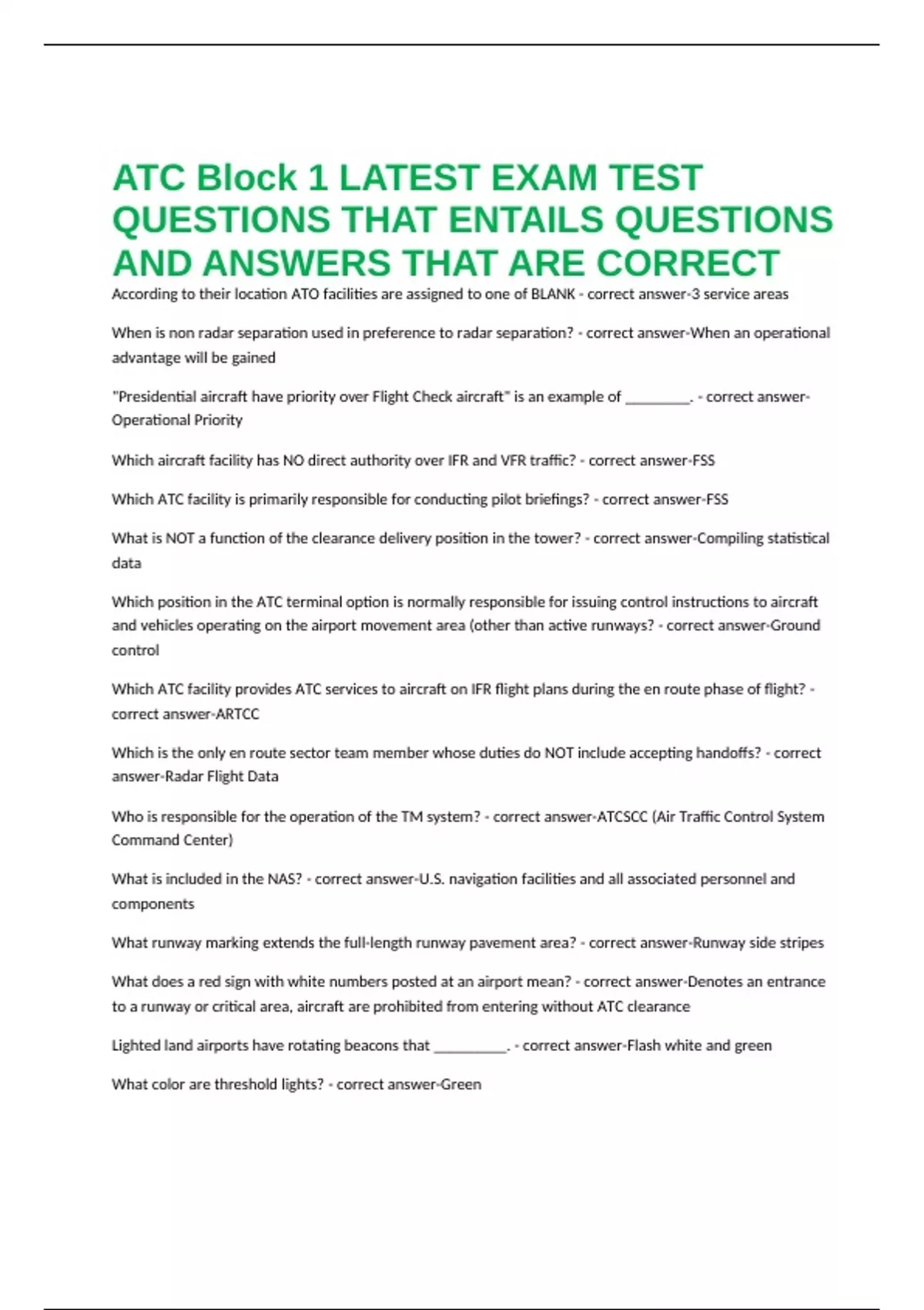 ATC Block 1 LATEST EXAM TEST QUESTIONS THAT ENTAILS QUESTIONS AND ...