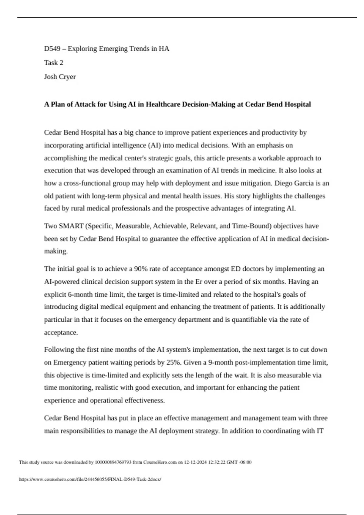 WGU FINAL - D549 Task 2 with complete solution - HEALTHCARE D549 - Stuvia US