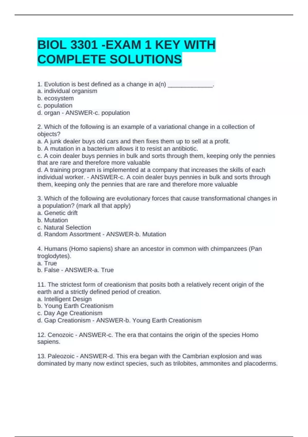 BIOL 3301 -EXAM 1 KEY WITH COMPLETE SOLUTIONS - BIOL 3301 - Stuvia US