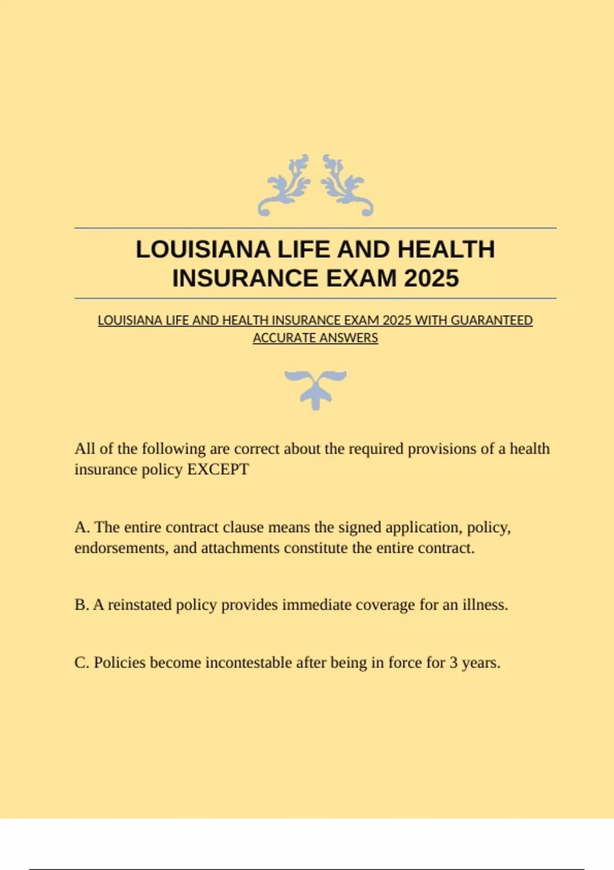 LOUISIANA LIFE AND HEALTH INSURANCE EXAM 2025 WITH GUARANTEED ACCURATE ...