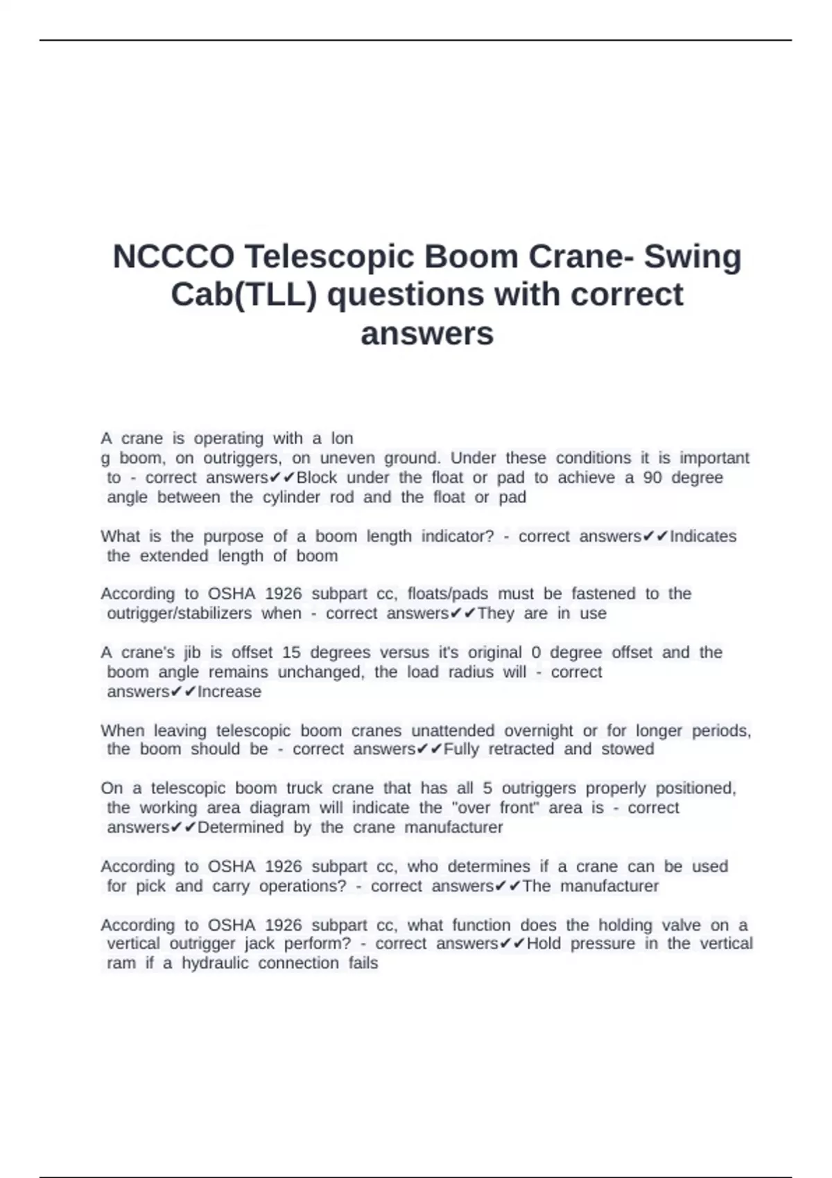 NCCCO Telescopic Boom Crane- Swing Cab(TLL) questions with correct ...
