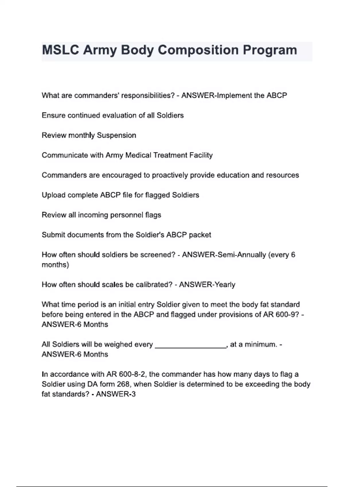 MSLC Army Body Composition Program Questions with Explanations of ...