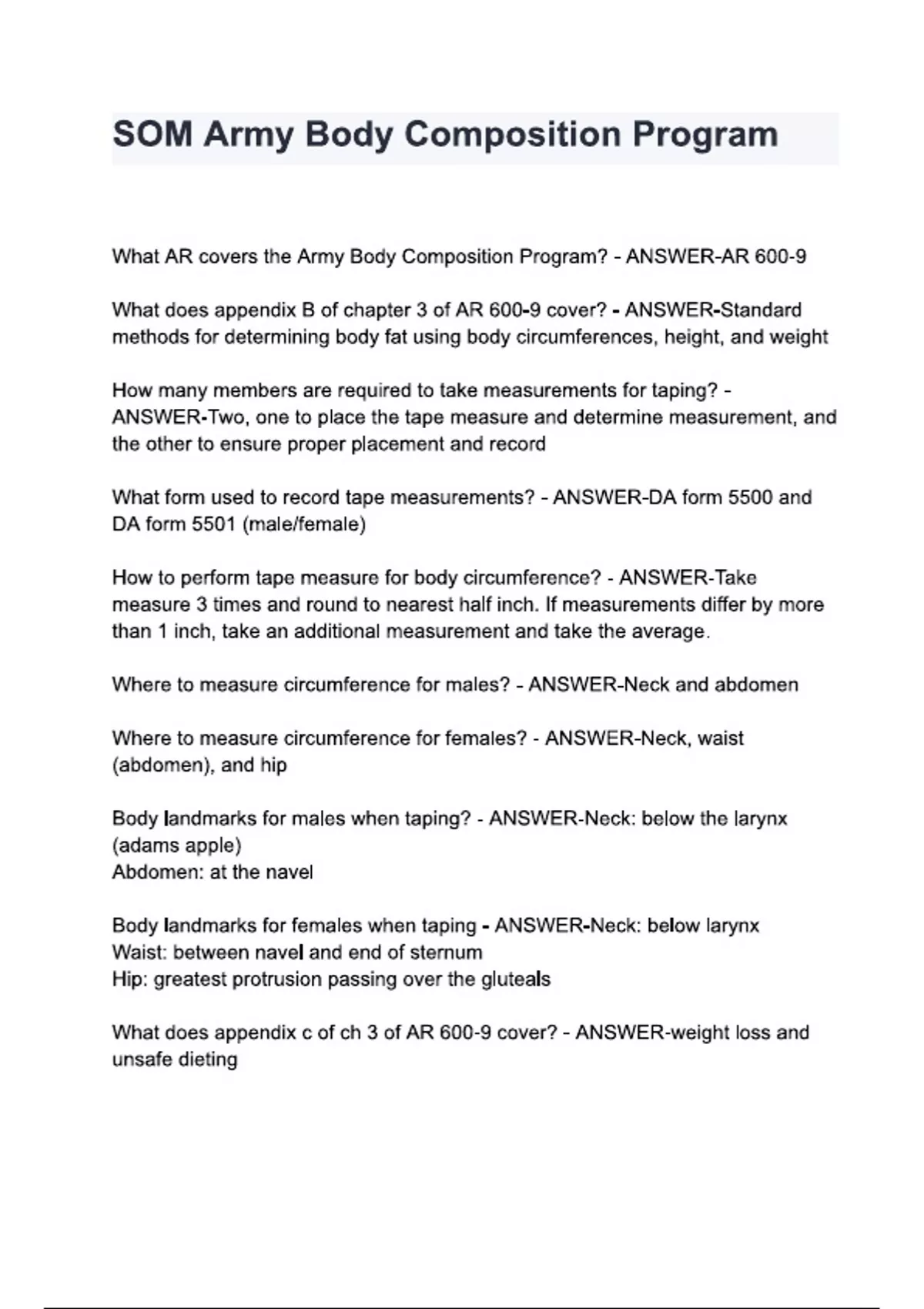 SOM Army Body Composition Program Questions with Explanations of ...