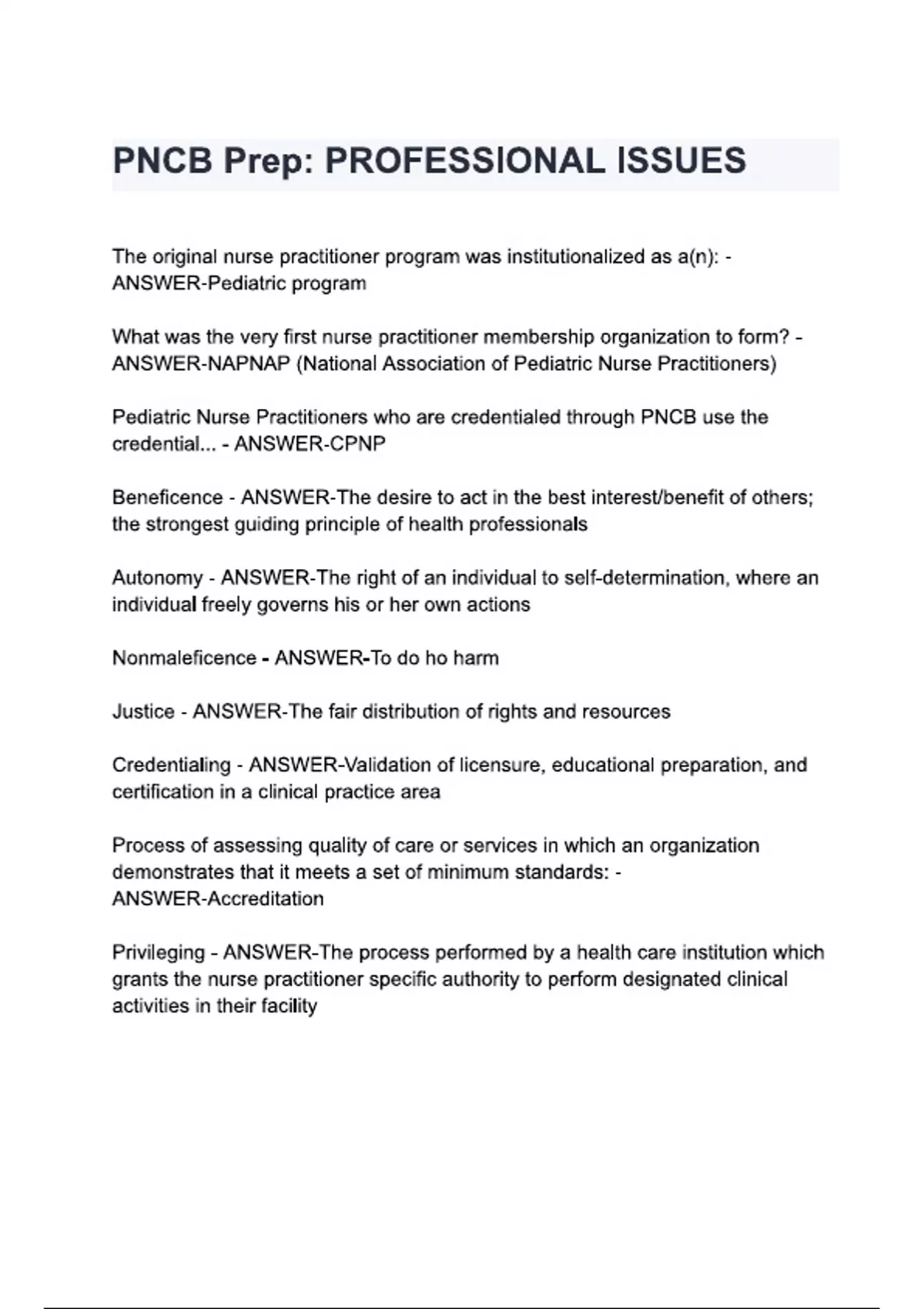 PNCB Prep PROFESSIONAL ISSUES Questions & answers with Explanations of ...