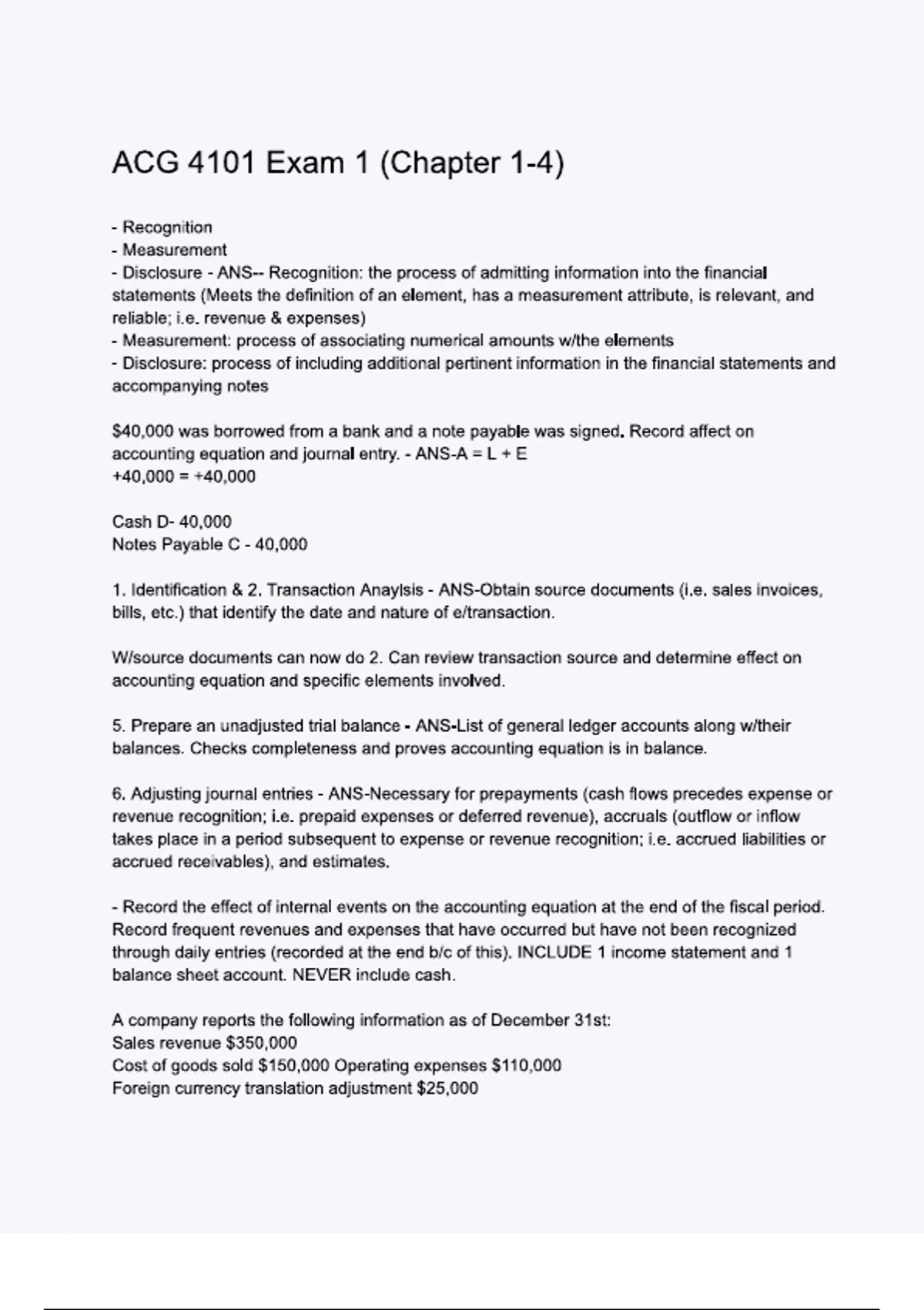 ACG 4101 Exam 1 (Chapter 1-4) Questions and Verified Answers |100% ...