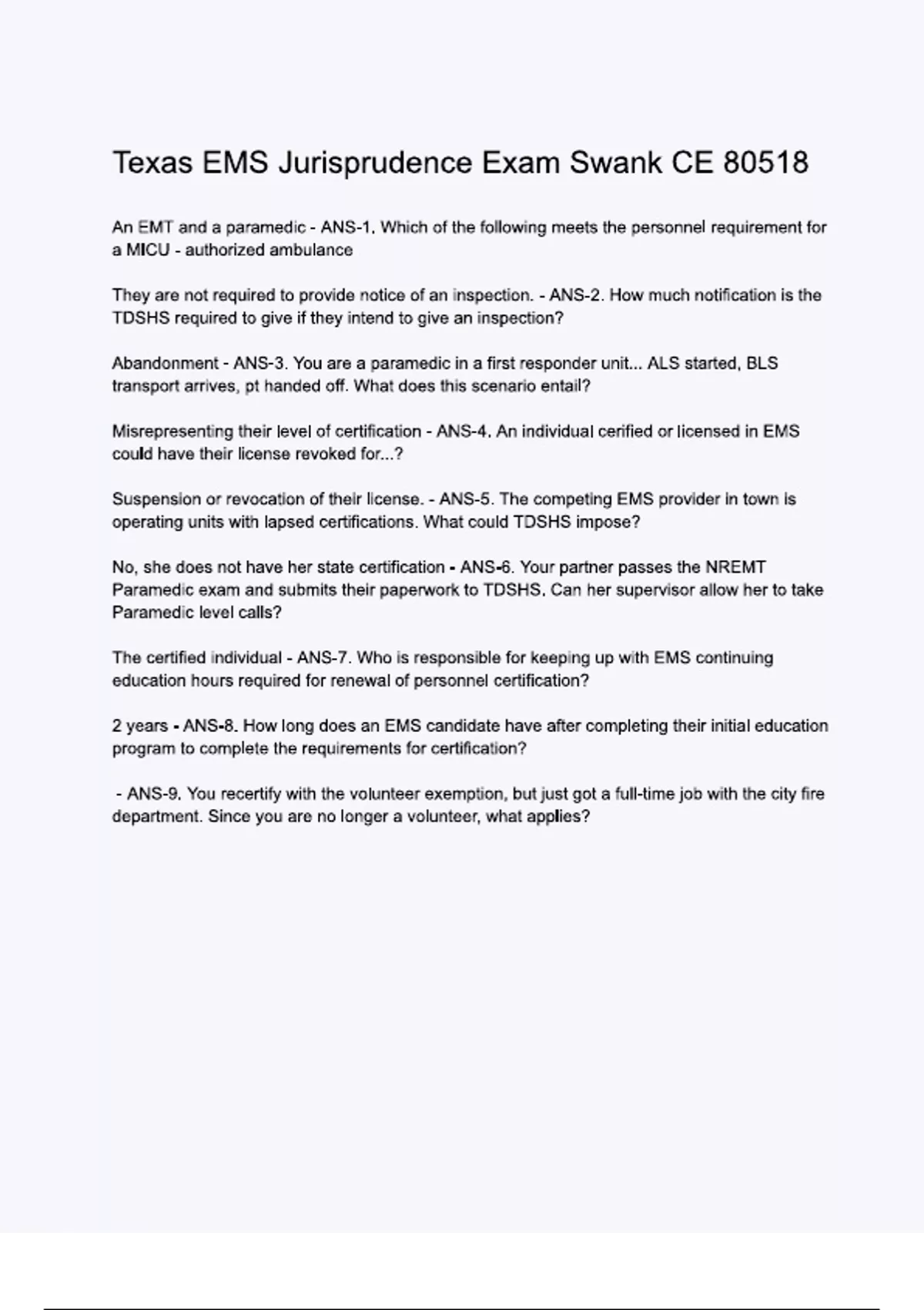 Texas EMS Jurisprudence Exam Swank CE 80518 Questions and Verified ...