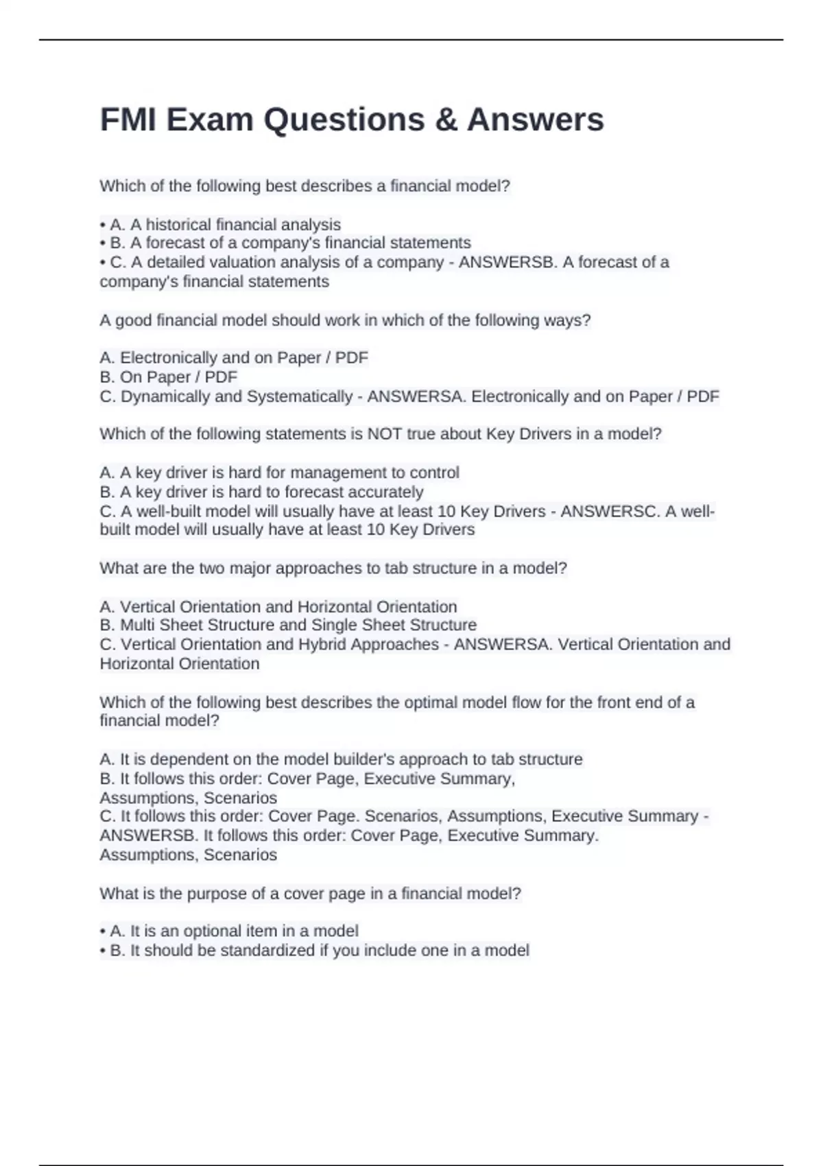 FMI Exam Questions & Answers - FMI - Stuvia US