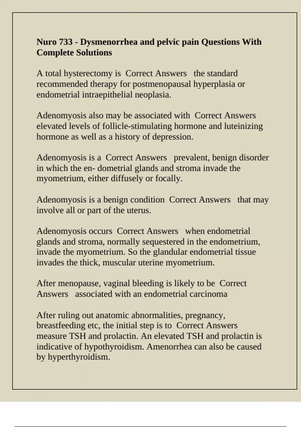 Nuro 733 - Dysmenorrhea and pelvic pain Questions With Complete ...