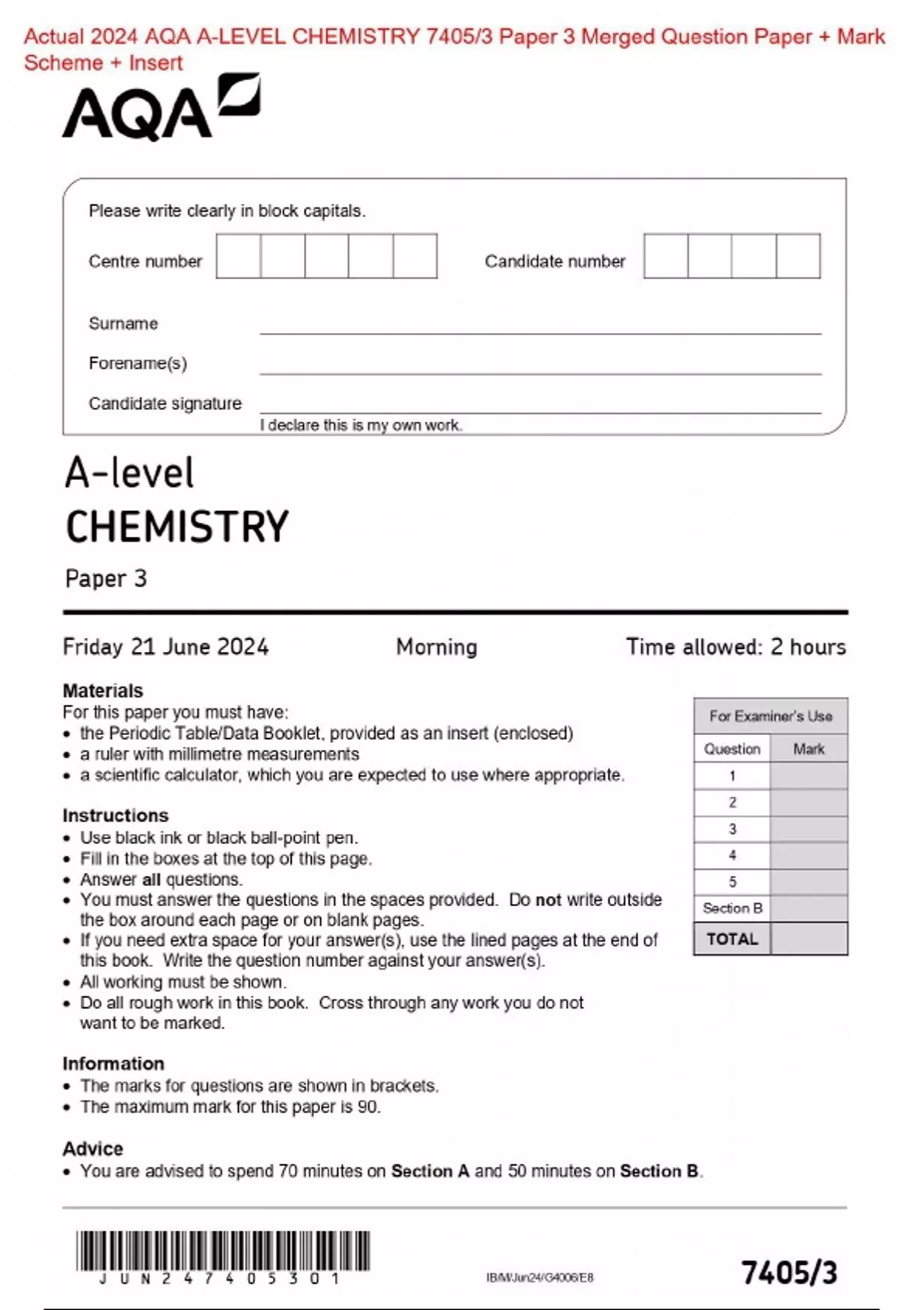 Actual 2024 AQA A-LEVEL CHEMISTRY 7405/3 Paper 3 Merged Question Paper ...