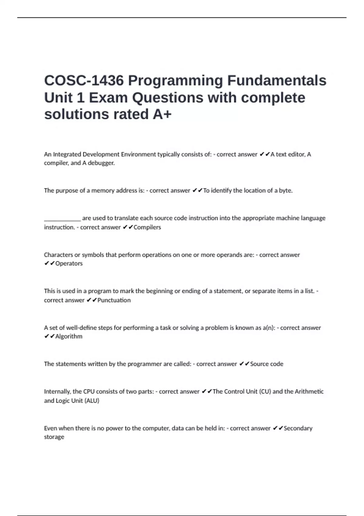 COSC-1436 Programming Fundamentals Unit 1 Exam Questions with complete solutions rated A+ - COSC ...